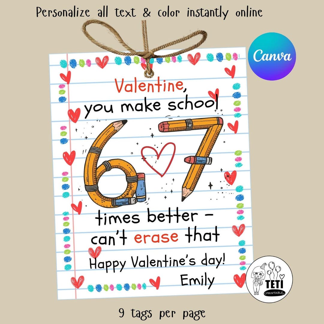 Pencil Valentine Tag, 6 7 Slang Classroom Valentine Card, Teacher ...