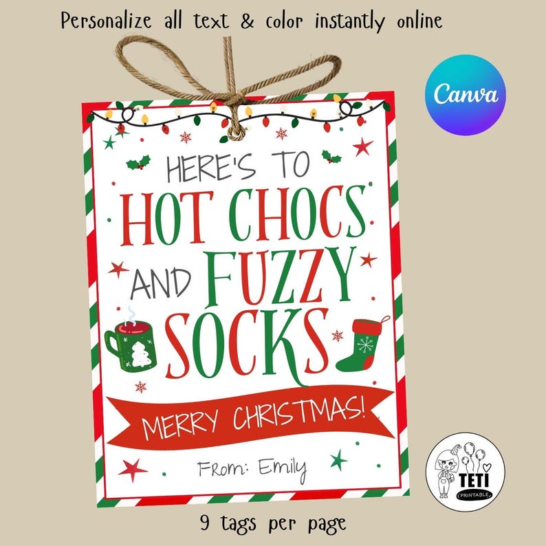 Hot Chocs and Fuzzy Socks Christmas Gift Tags, Editable Canva ...