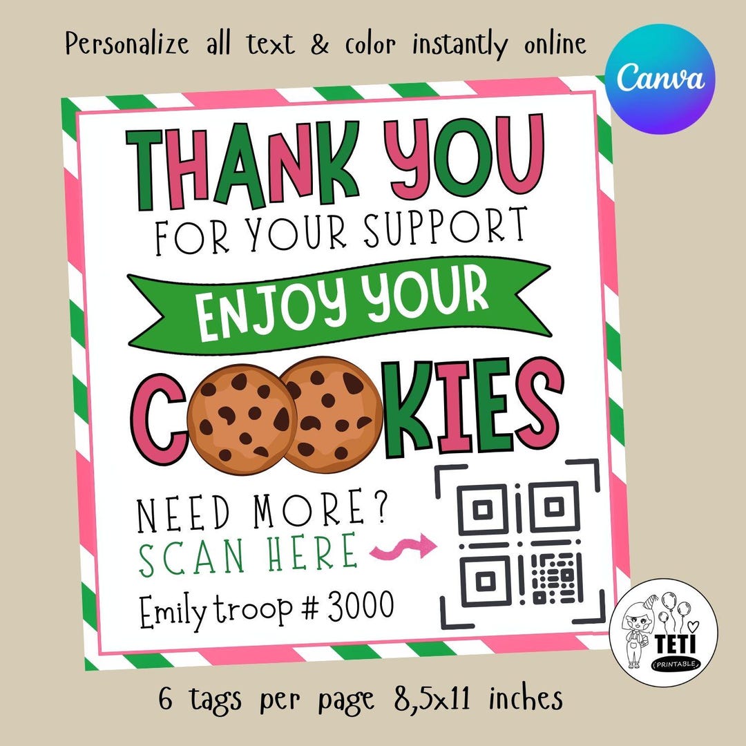 Scout Cookies Thank You Tag and QR Code Order More, Troop Personalized ...