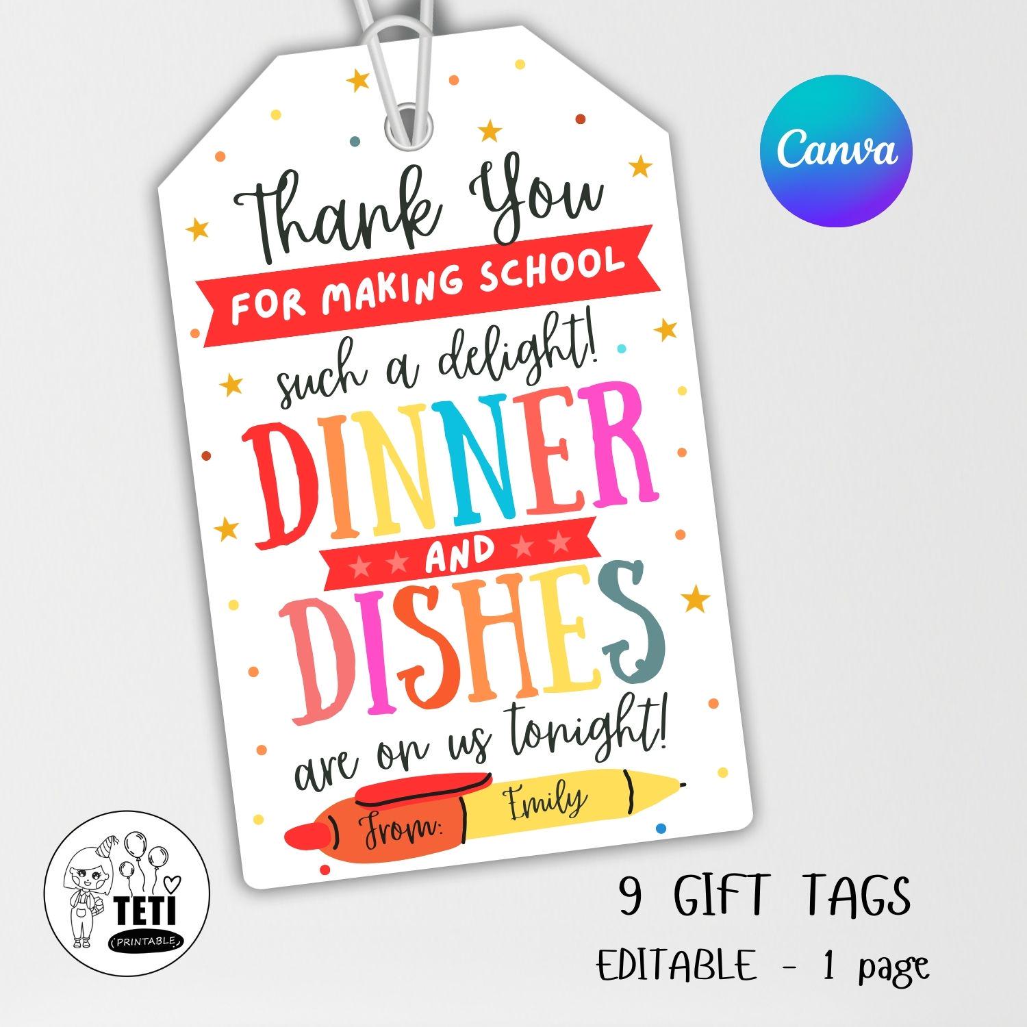 Editable Teacher Dinner and Dishes Gift Tag, Staff Appreciation End of ...