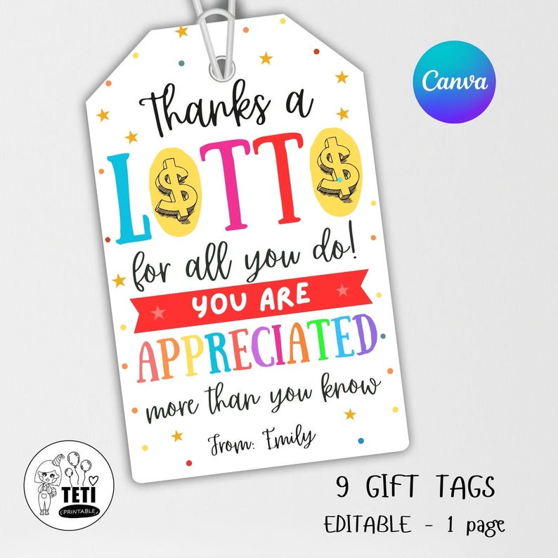 Editable Thanks A Lotto Appreciation Tag Template, Printable Teacher ...