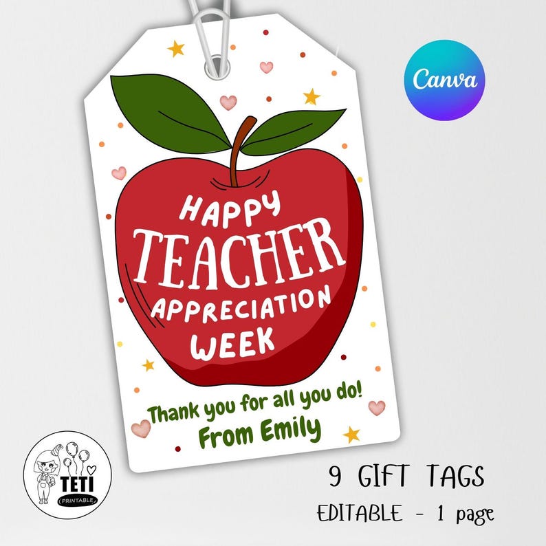 Editable Apple Teacher Appreciation Week Tag, Apple Gift Tag Printable ...