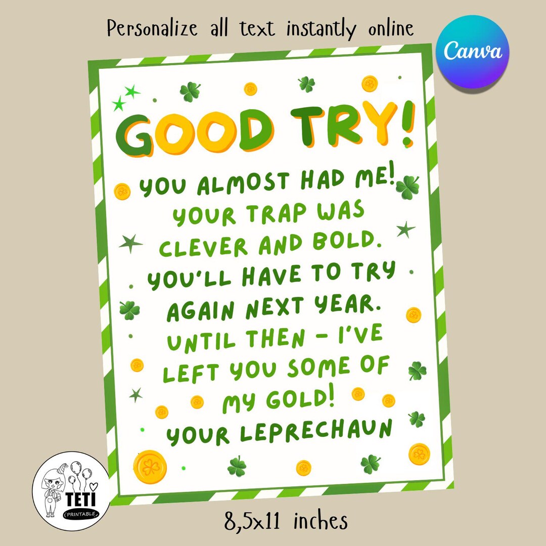 St Patricks Day Kids Leprechaun Letter Printable, Leprechaun Trap Note ...