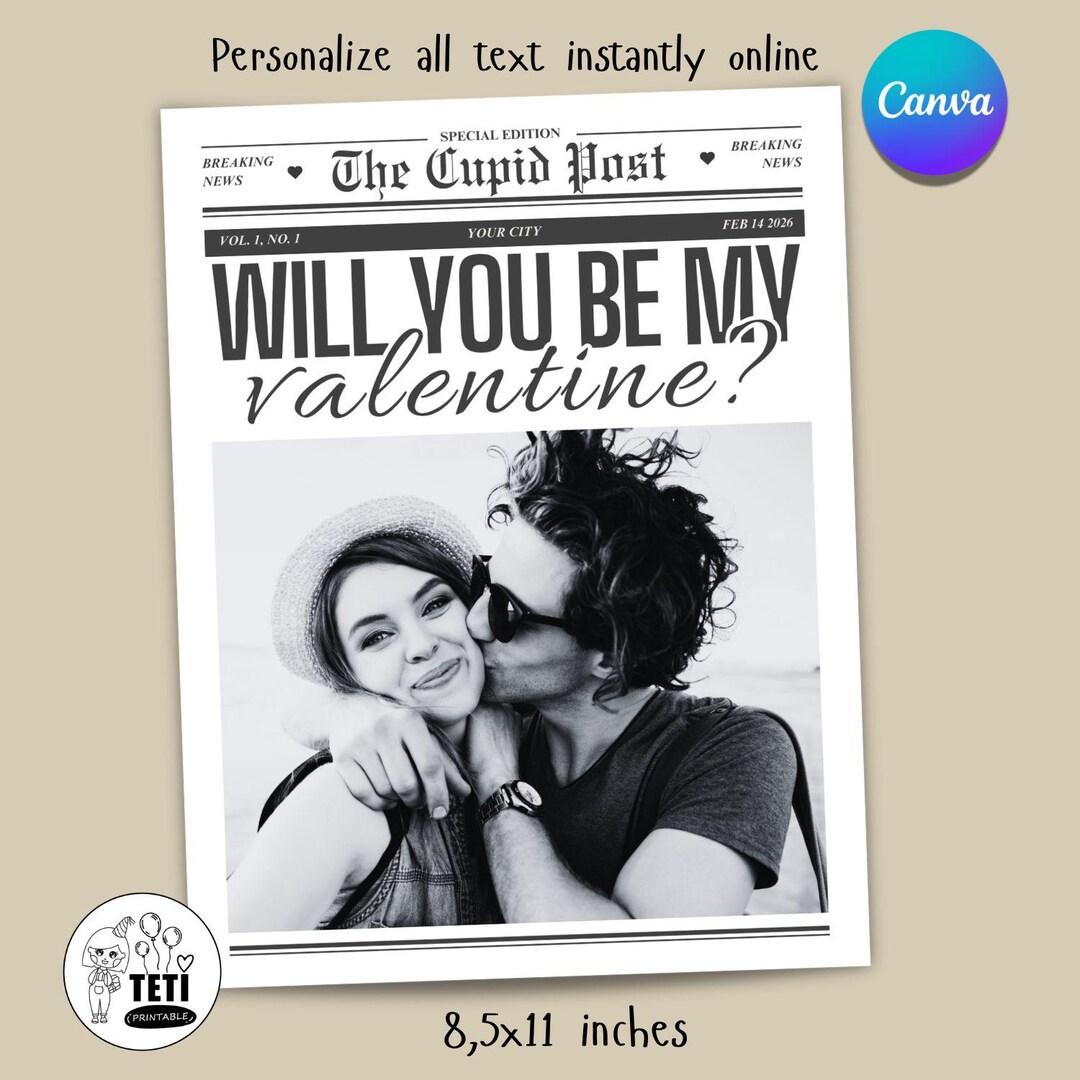 Will You Be My Valentine Newspaper, Cupid Post Newspaper Gift Printable ...