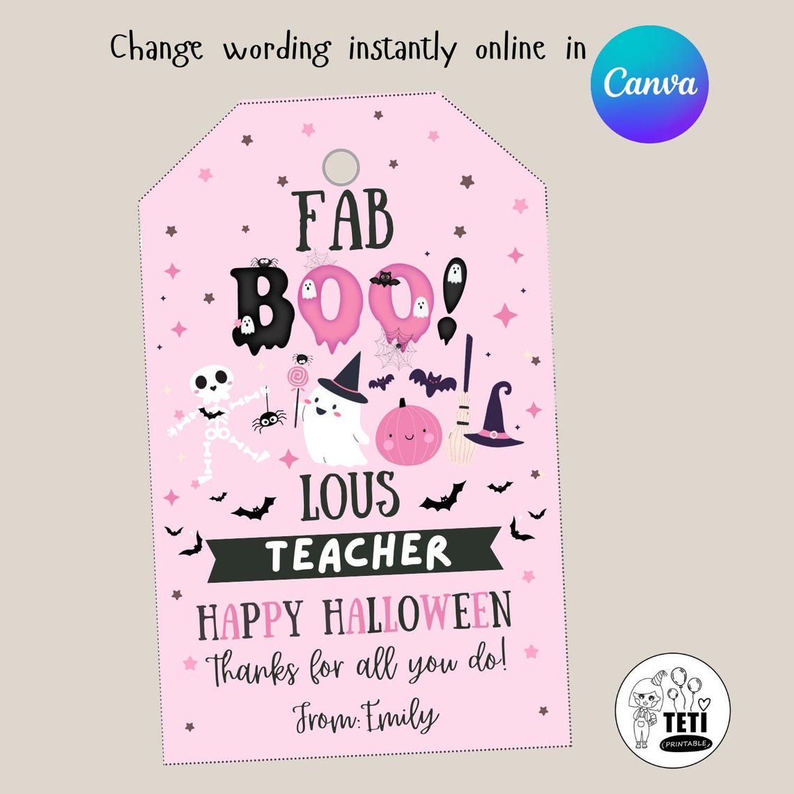 Halloween Teacher Gift Tags: Fab-boo-lous Design (editable Canva ...