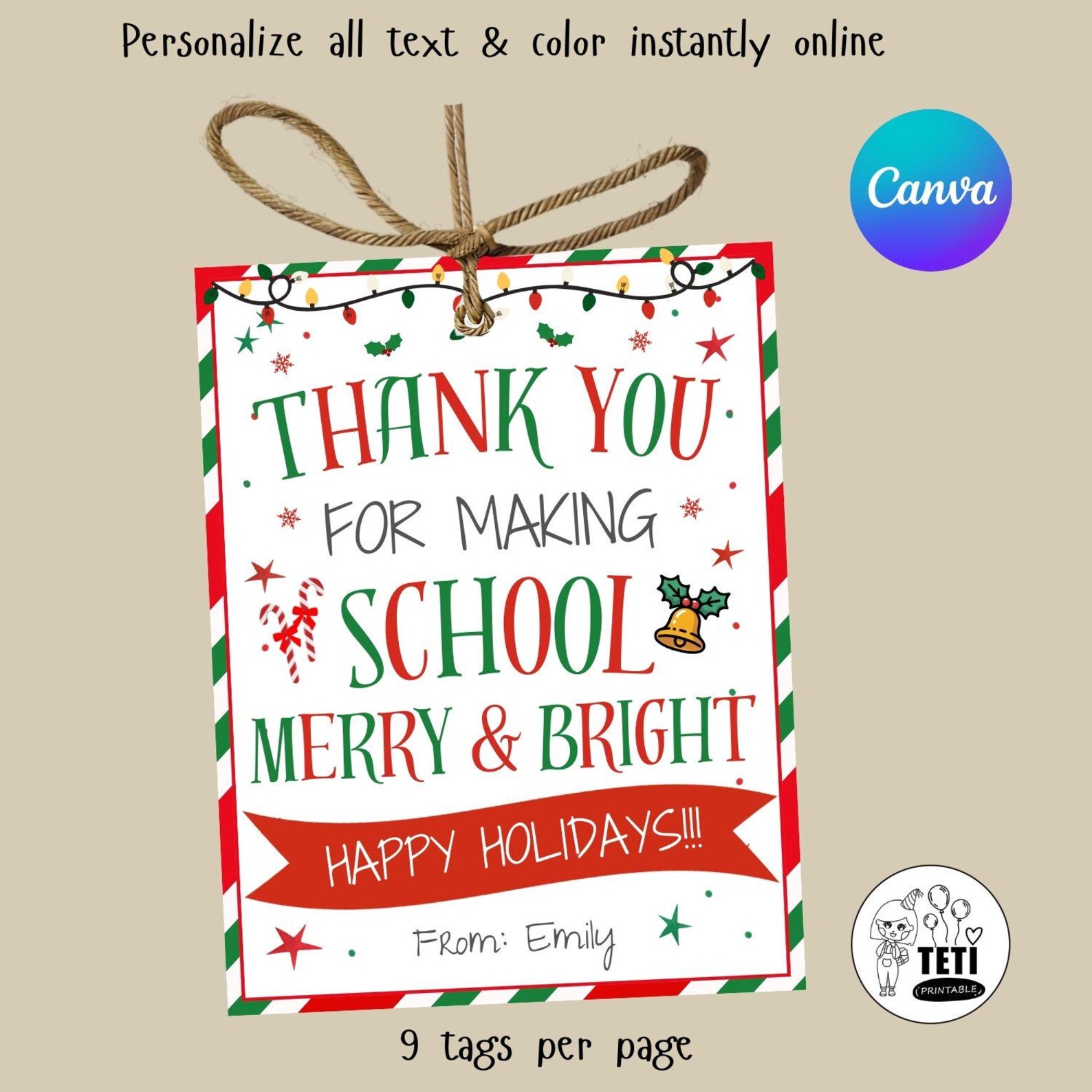 Teacher Christmas Gift Tags, School Holiday Lights, Editable Canva ...