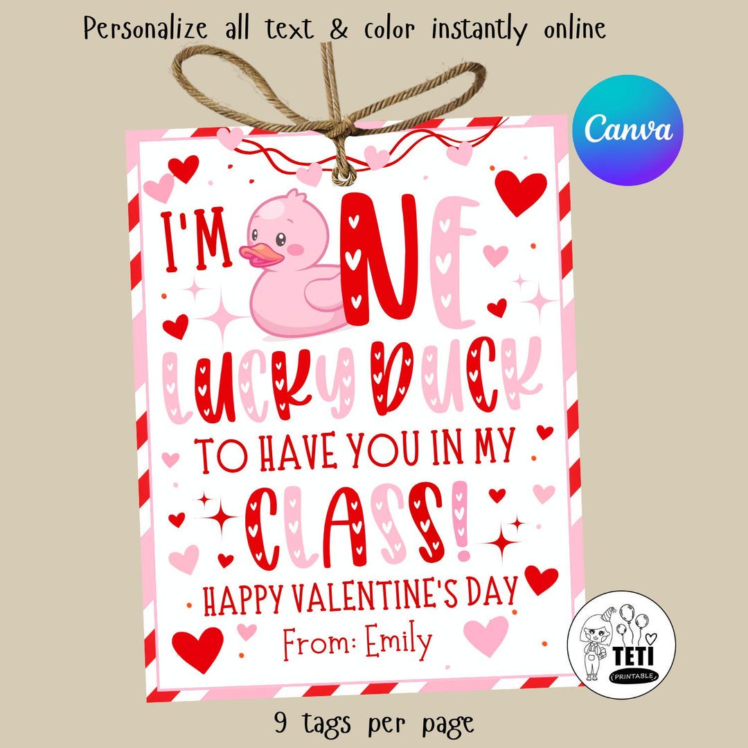 Valentine Rubber Duck Gift Tag, Lucky Duck Classroom Favor Label ...
