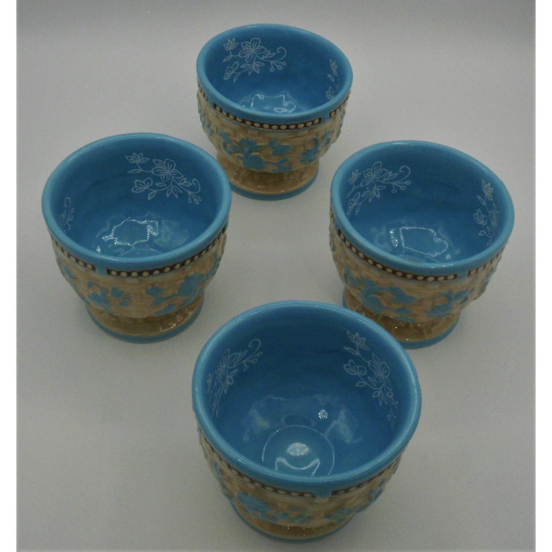 Temptations Floral Lace Basket Weave Pedestal Cups Bowls Light Blue Set ...