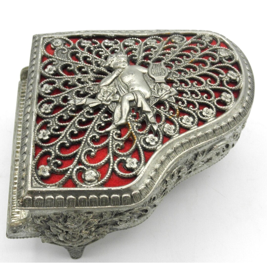 Vintage Silver Metal Filigree Grand Piano Cupid Cherub Jewelry Trinket ...