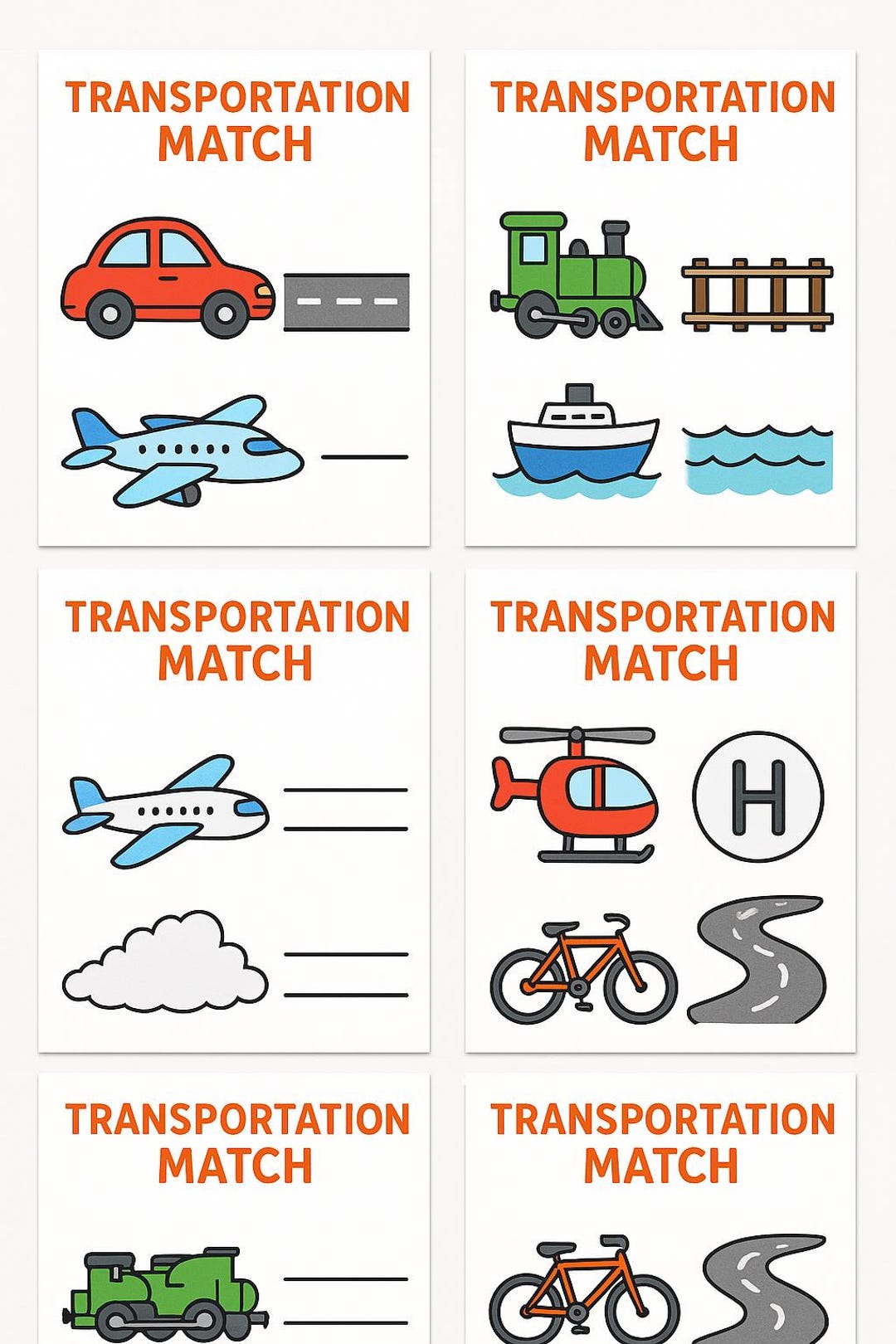 Transportation Matching Game Printable for Kids | Vehicle Road Match ...
