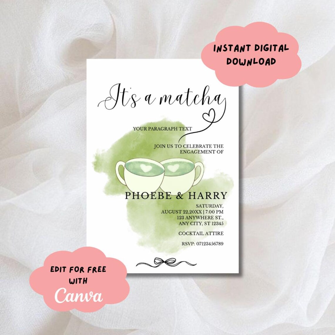 It’s a Matcha! Engagement Party Invitation | Matcha Green & White Theme ...