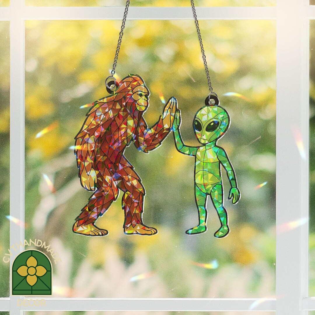 Hologram Bigfoot and Alien Window Hanging Acrylic Ornament Colorful ...