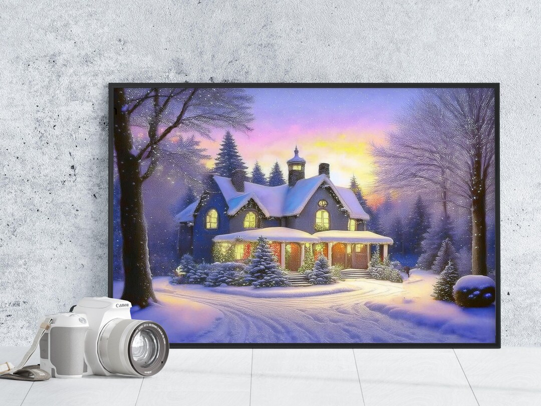 Snowy Country House Winter Landscape Painting | Rustic Farmhouse Wall ...