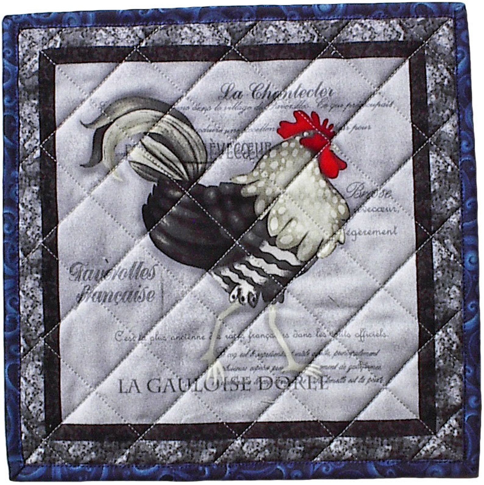 French Rooster Hot Pad, Handmade Quilted Chicken Blue Potholder Kitchen ...