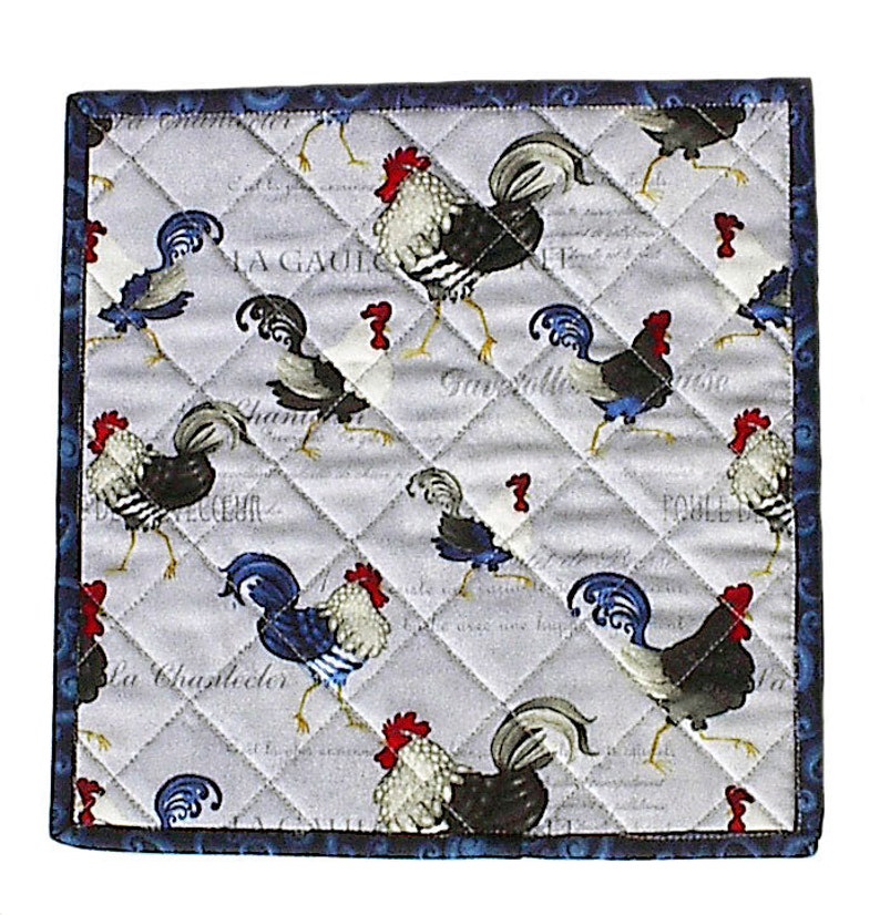French Rooster Hot Pad, Handmade Quilted Chicken Blue Potholder Kitchen ...