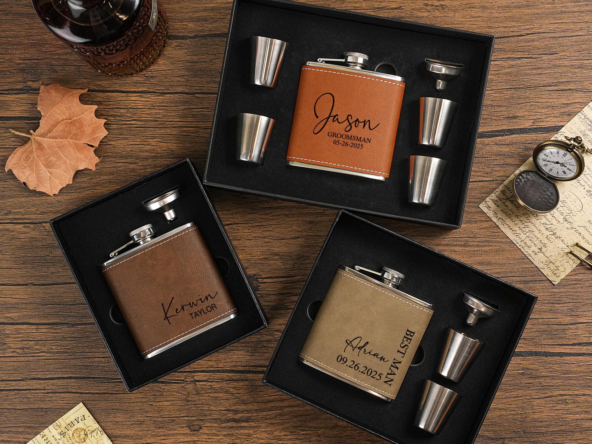 Personalized Leather Hip Flask + Cups Set,groomsmen Gifts,custom ...
