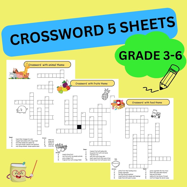 Fun Crossword Puzzle Bundle for Kids (grade 3–6) | 5 Sheets + Answer ...