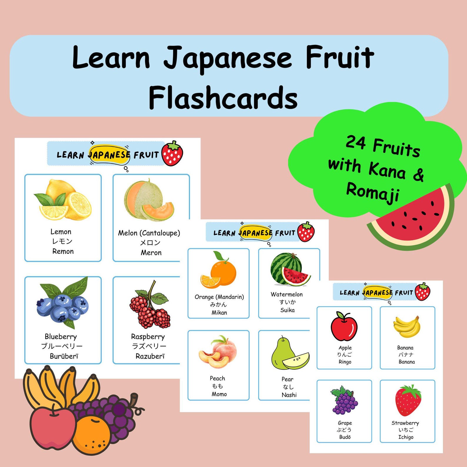 Japanese Fruit Flashcards: Kana, Romaji, English (printable PDF) - Etsy