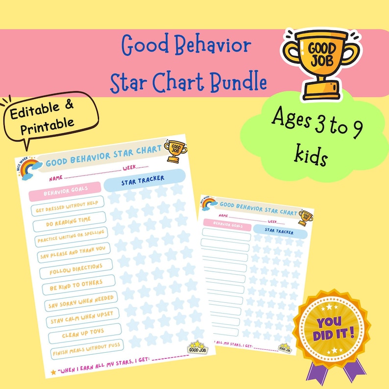 Good Behavior Star Chart Bundle: Editable Kids Reward Chart (PDF ...