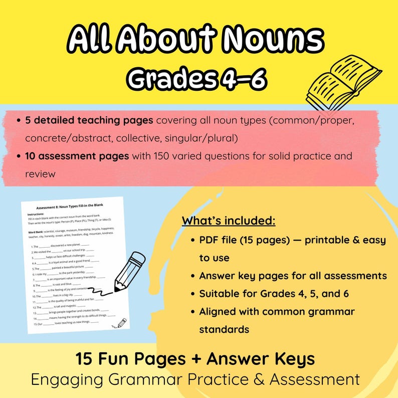 Noun Mastery Worksheets for Grades 4–6 | 15 PDF Page Printable Grammar ...