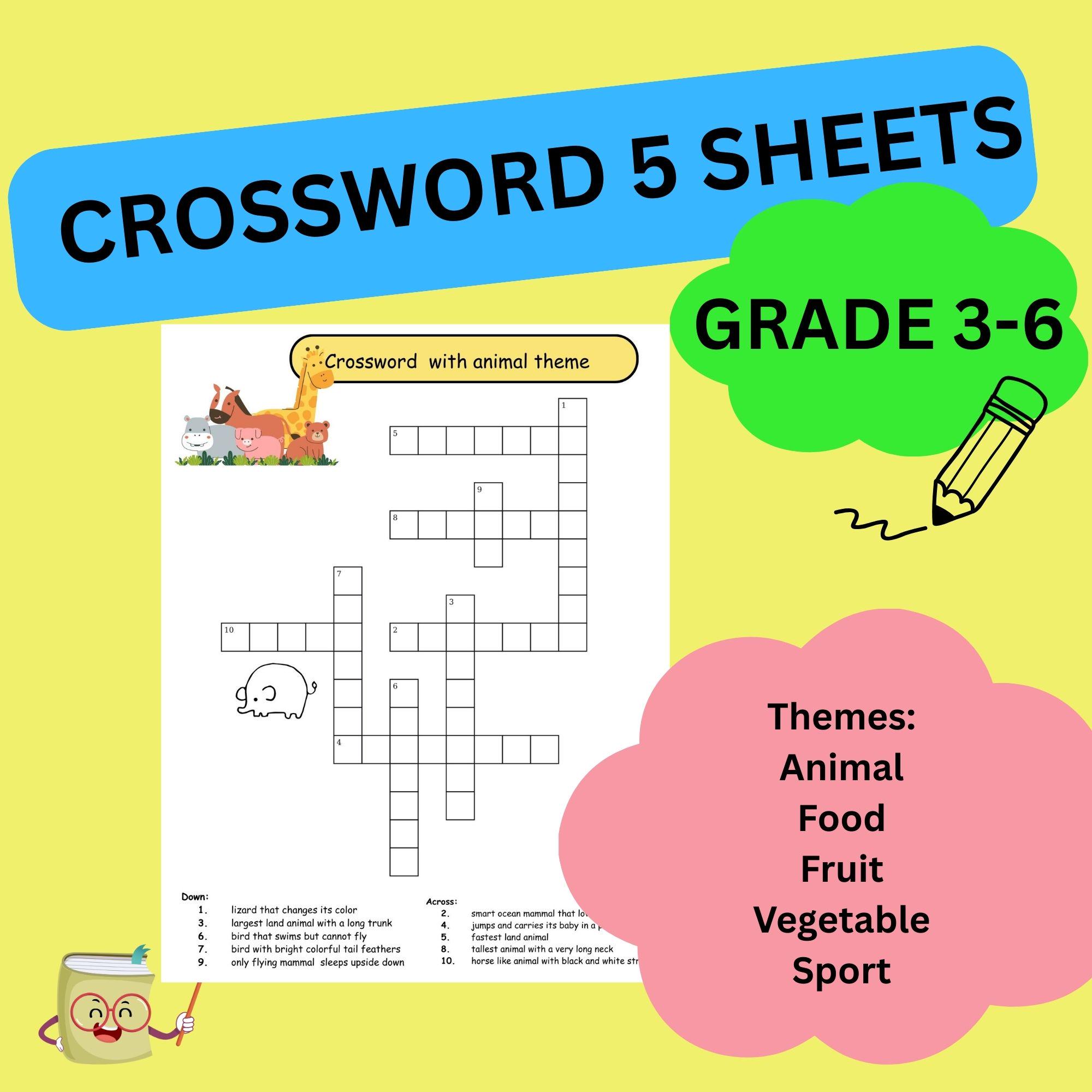 Fun Crossword Puzzle Bundle for Kids (grade 3–6) | 5 Sheets + Answer ...