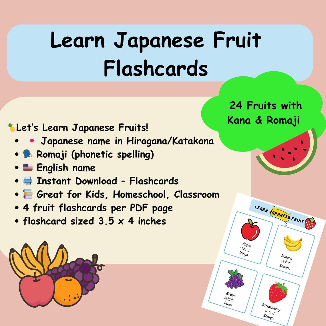 Japanese Fruit Flashcards: Kana, Romaji, English (printable PDF) - Etsy