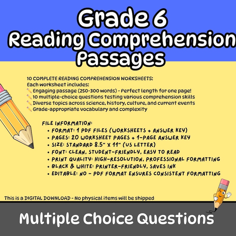 Grade 6 Reading Comprehension Worksheets | 10 Passages + Multiple ...