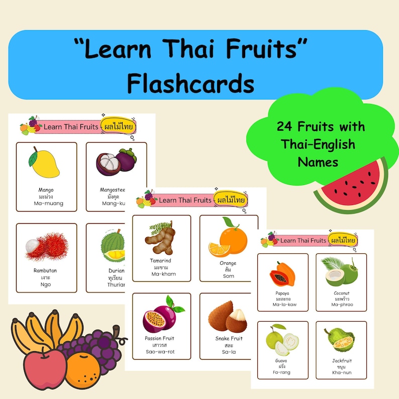 Learn Thai Fruits Flashcards: Bilingual Kids Educational Activity (PDF ...