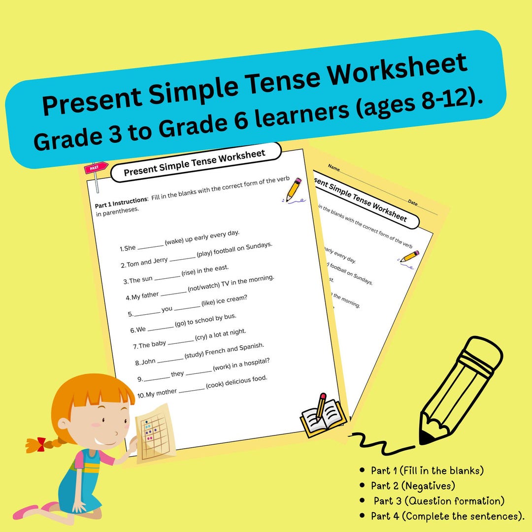 Printable Present Simple Tense Worksheet for Grade 3 to Grade 6 - Etsy