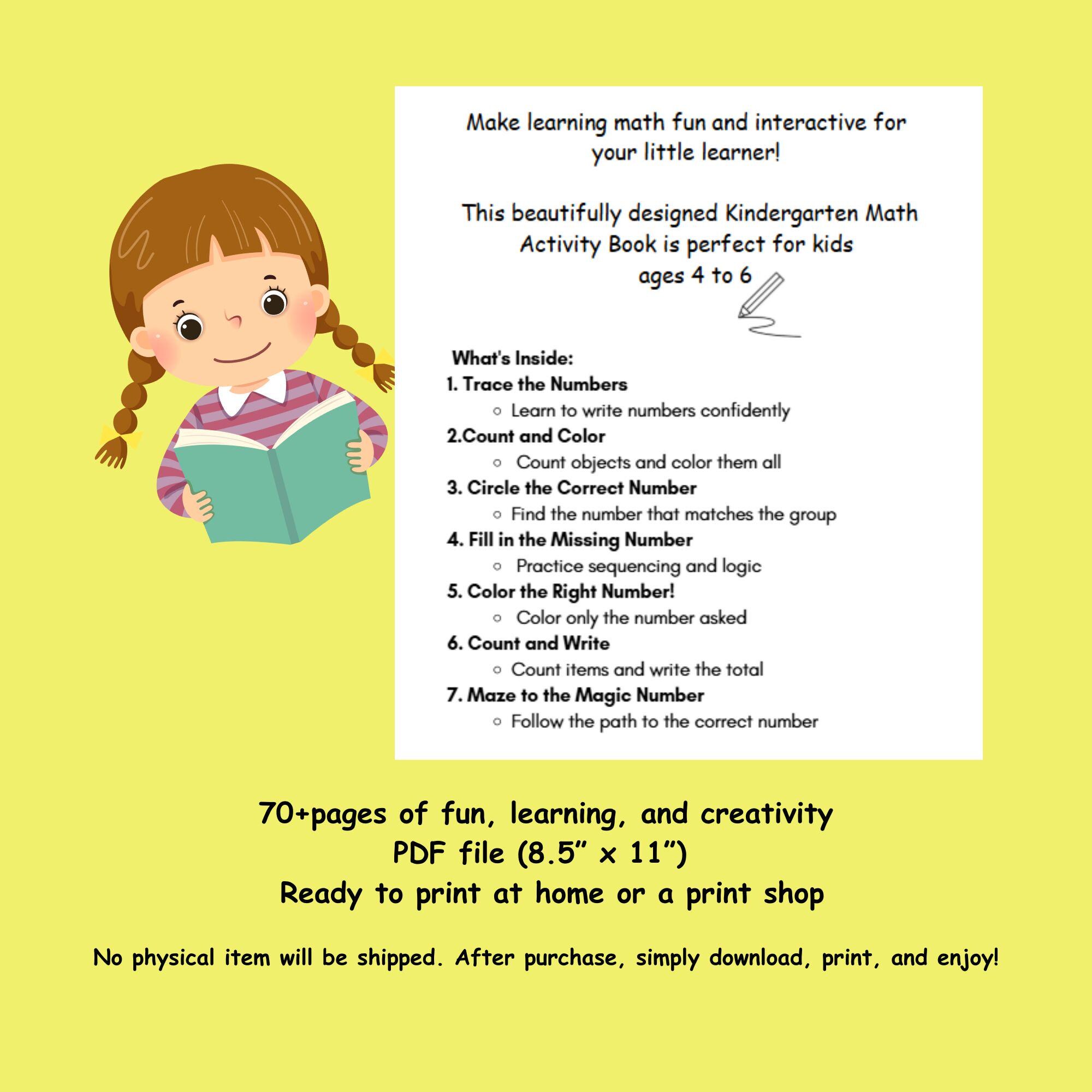 Kindergarten Math Activity Book: Counting, Tracing & Coloring ...