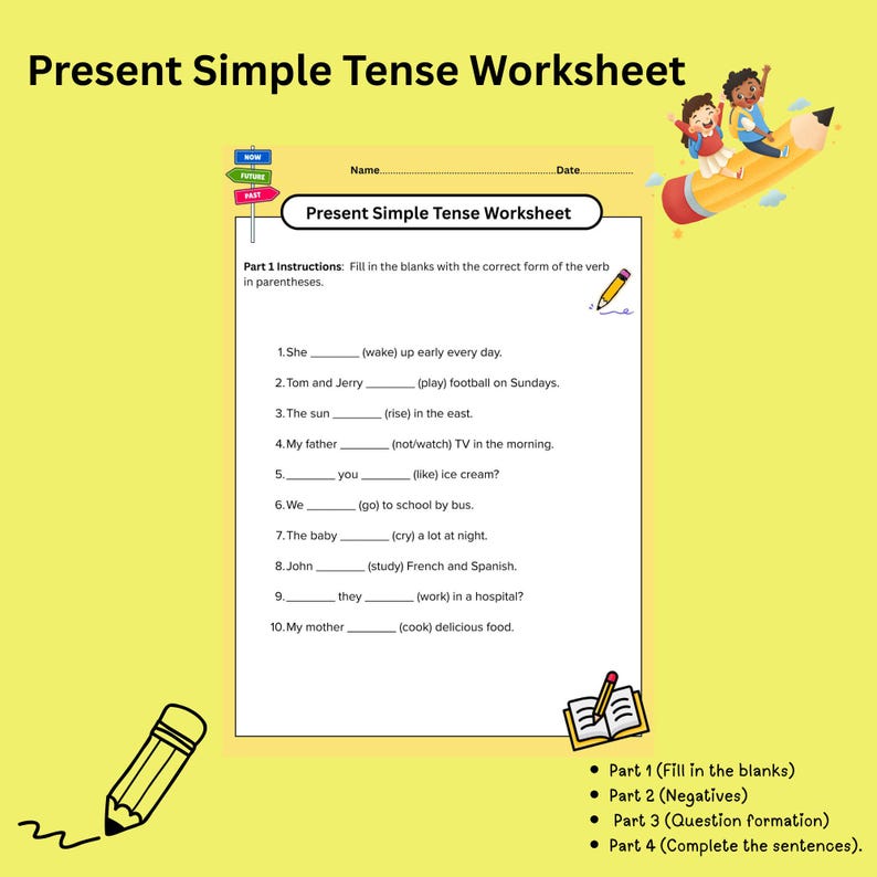 Printable Present Simple Tense Worksheet for Grade 3 to Grade 6 - Etsy