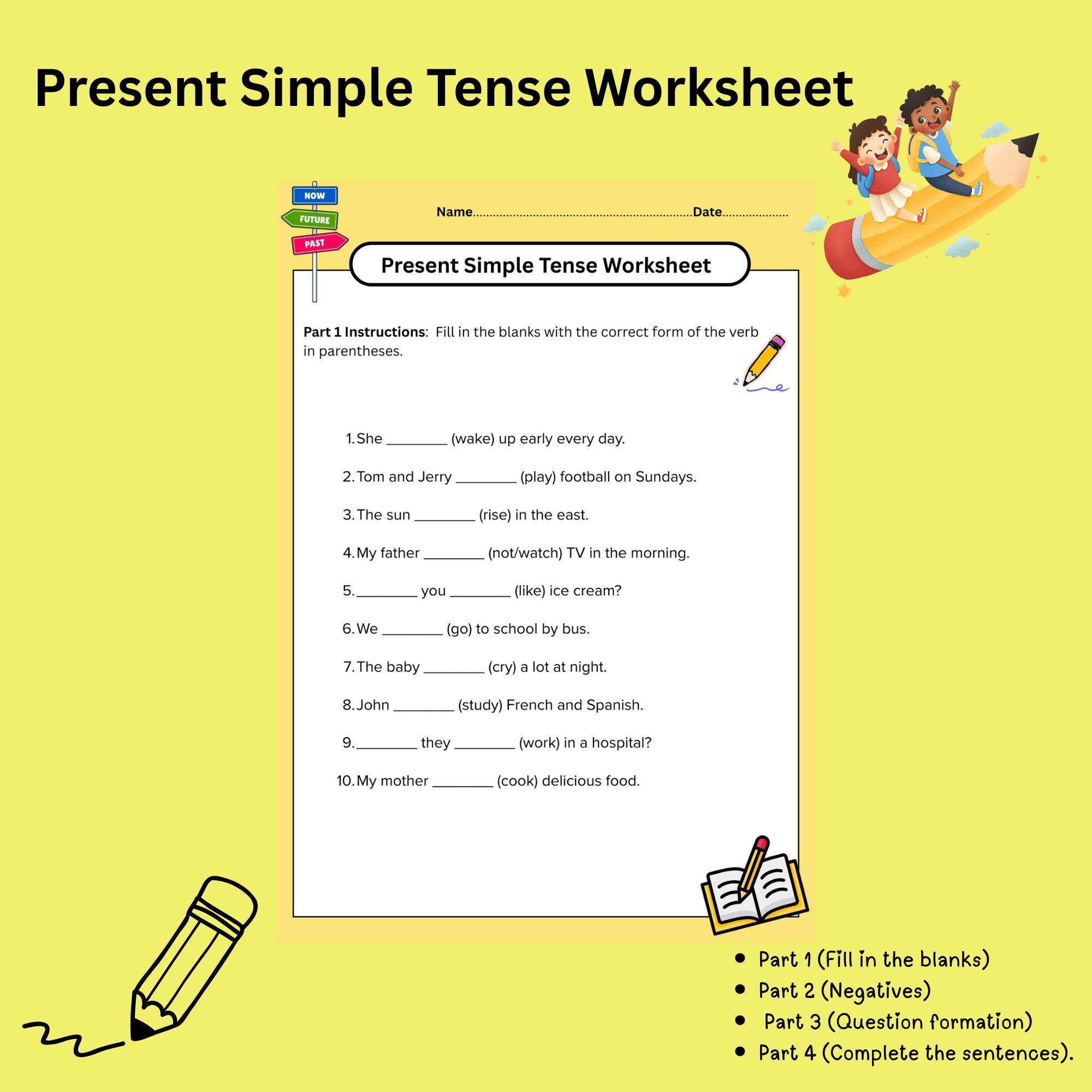 Printable Present Simple Tense Worksheet for Grade 3 to Grade 6 - Etsy