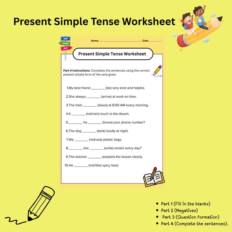 Printable Present Simple Tense Worksheet for Grade 3 to Grade 6 - Etsy