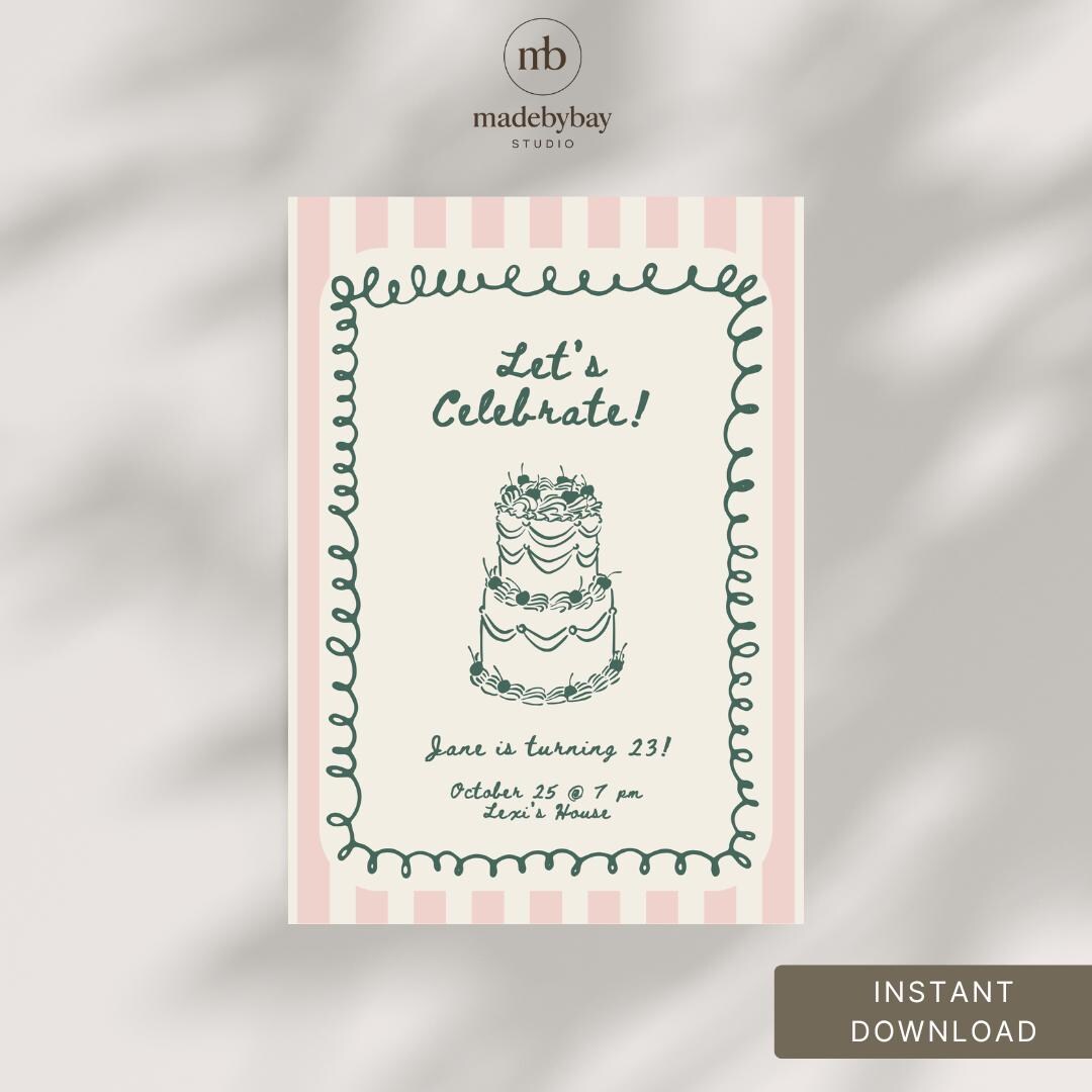 Editable Retro Birthday Invitation | Pink Green Cake Party Invite ...