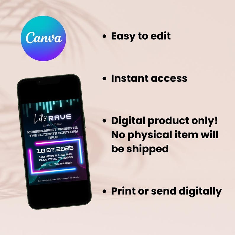 Rave Party Invitation | Editable Glow Party Invite | Neon Birthday, EDM ...