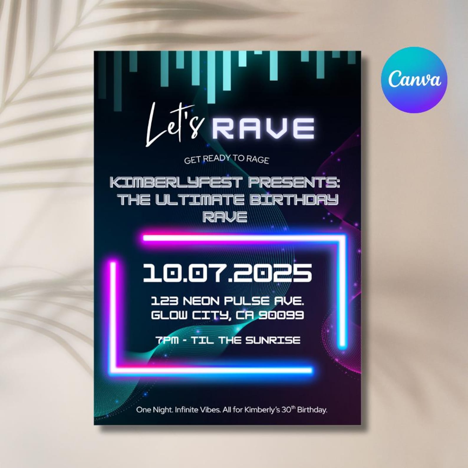 Rave Party Invitation | Editable Glow Party Invite | Neon Birthday, EDM ...