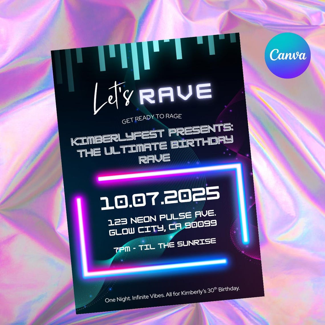 Rave Party Invitation | Editable Glow Party Invite | Neon Birthday, EDM ...