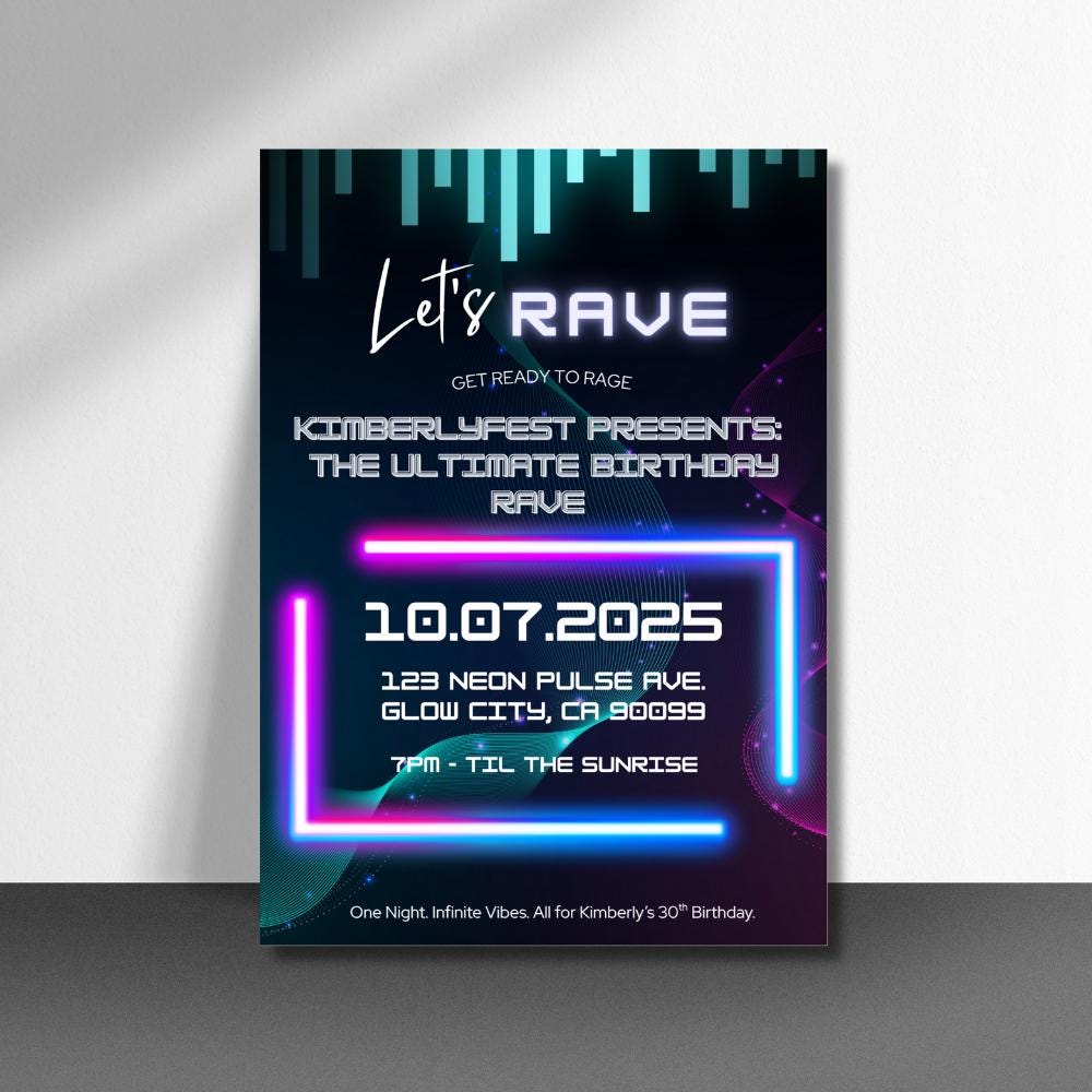 Rave Party Invitation | Editable Glow Party Invite | Neon Birthday, EDM ...
