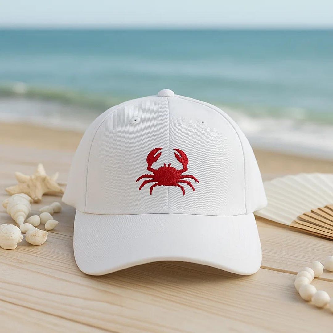 Red Crab Embroidered Wash Hat, Coastal Nautical Baseball Cap, Beach ...