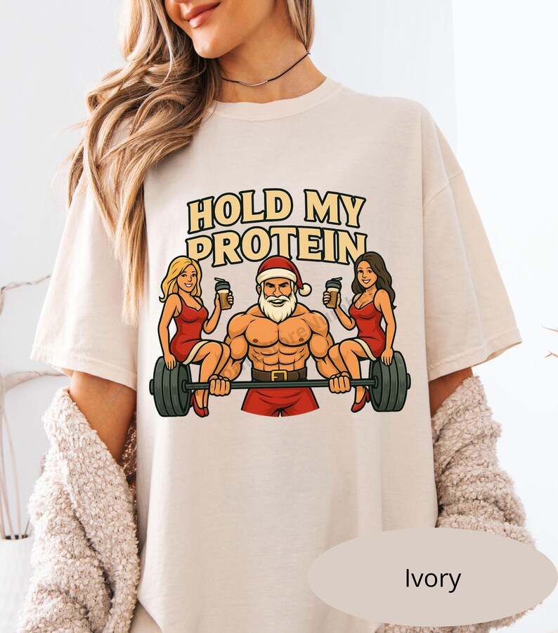 Hold My Protein Santa Shirt, Funny Christmas Gym Tee, Muscular Santa ...