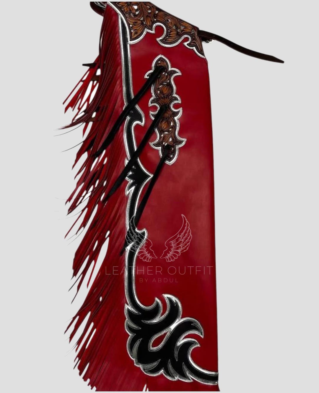 Hand Tooled Leather Rodeo Chaps | Custom Western Chaps | Red Fringe ...