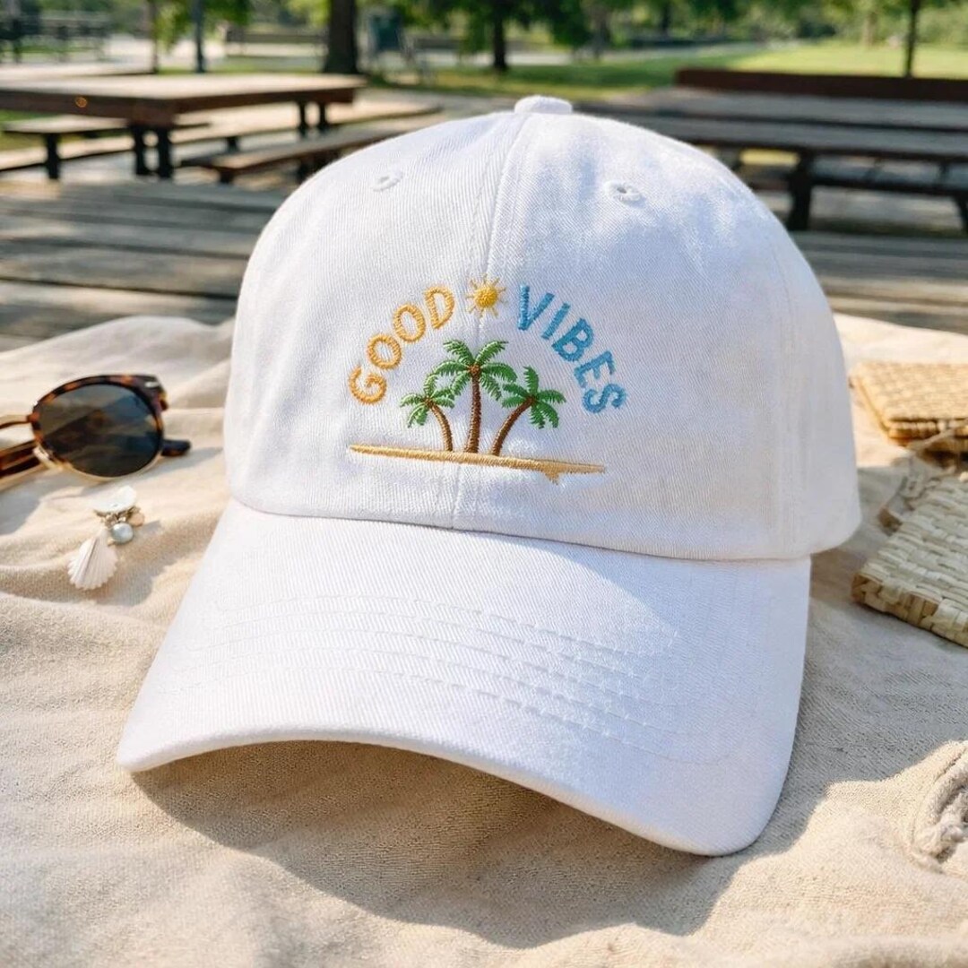 Good Vibes Embroidered Hat With Palm Trees, Summer Beach Baseball Cap ...
