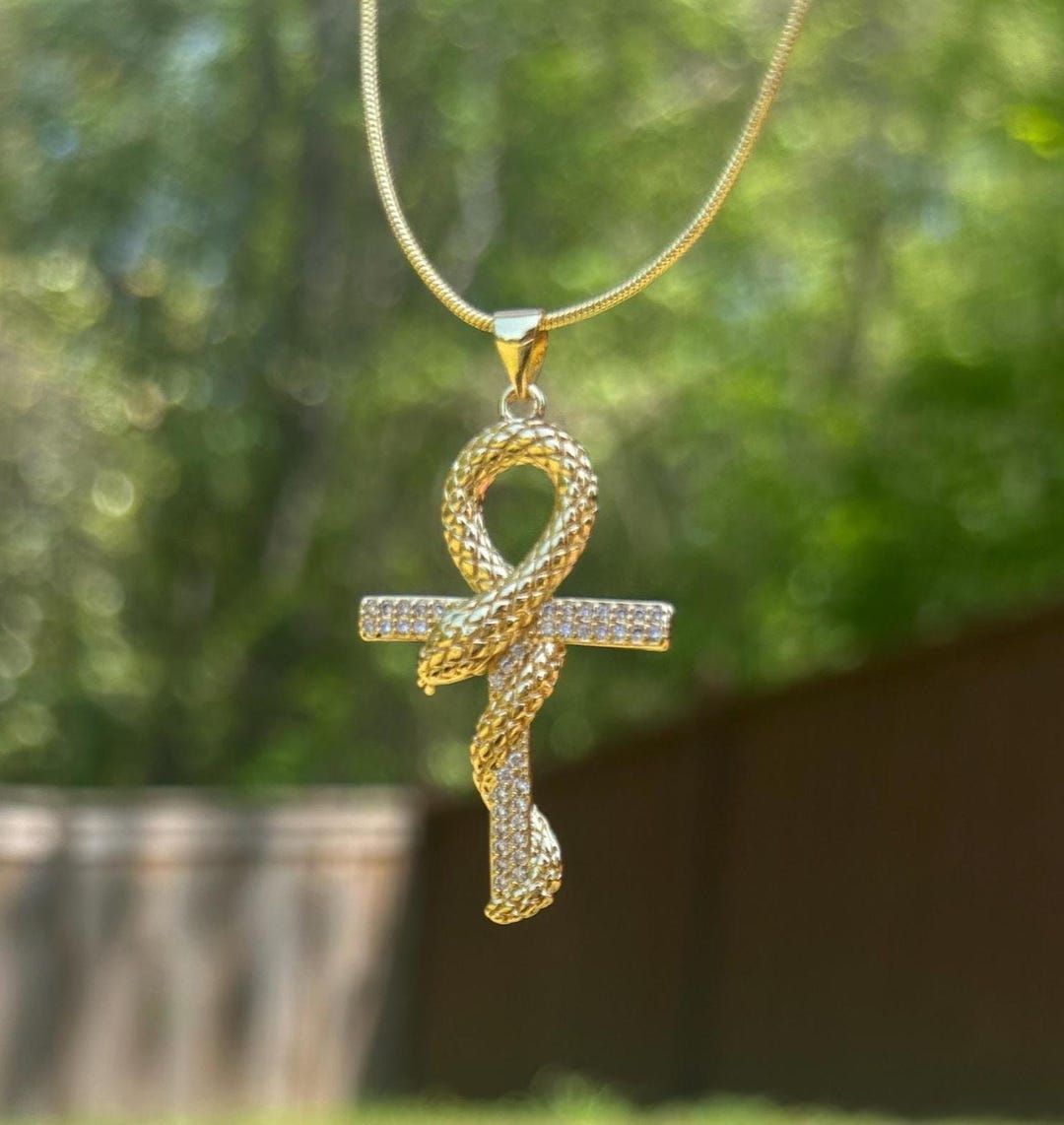 16k Gold Plated, Snake Ankh Cross Pendant, Egyptian Necklace ...