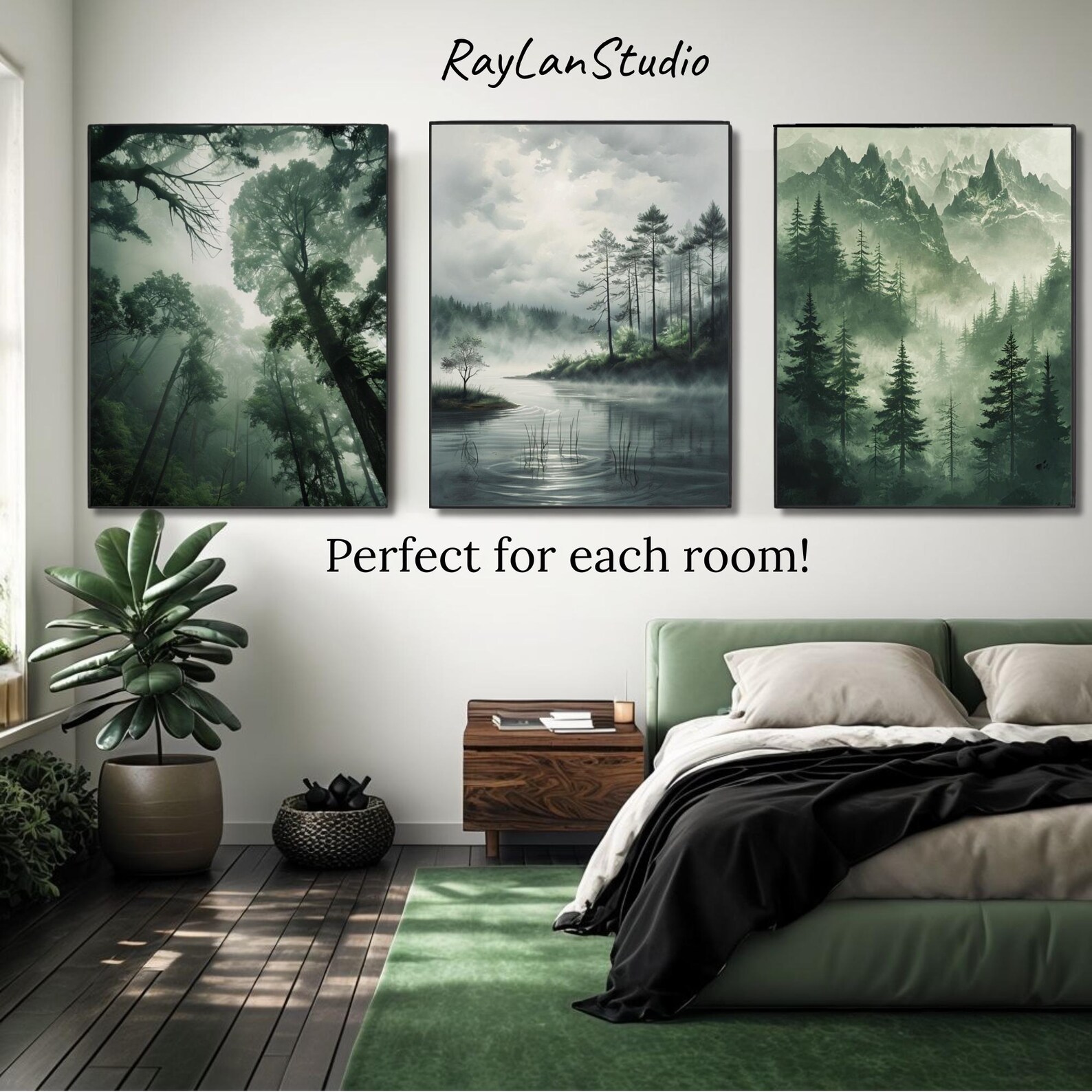 Forest Wall Art Print Set, Set of 3 Forest Wall Art Prints, Misty Woods ...