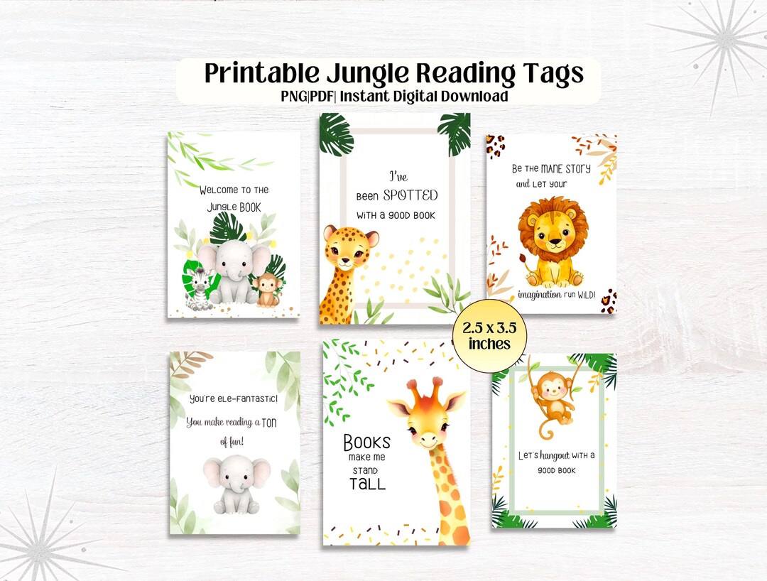 6 Jungle & Safari Animal Watercolor Themed Reading Tag Set | Printable ...
