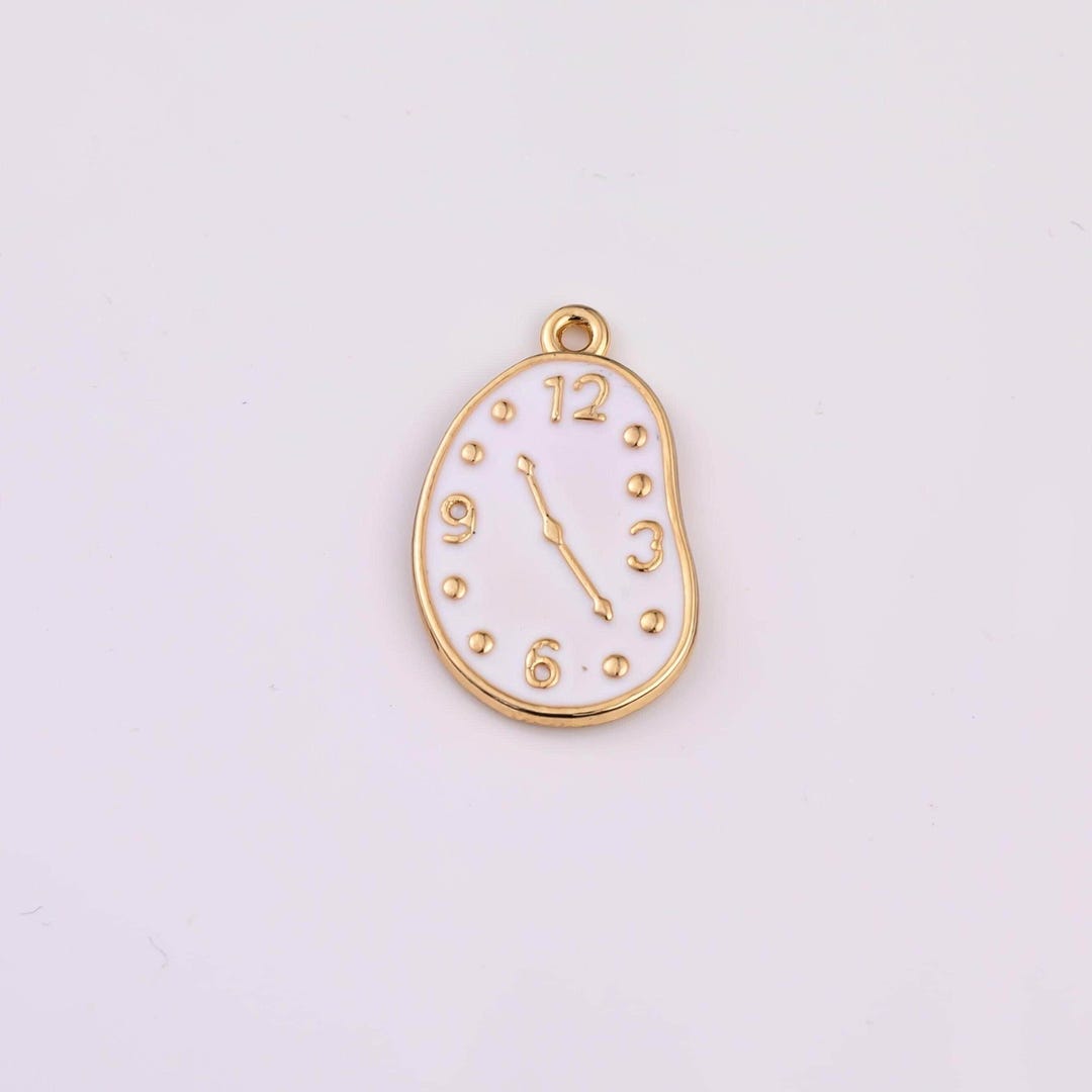 18K Gold Filled Clock Charm White Enamel Clock Watch Timepiece Time ...