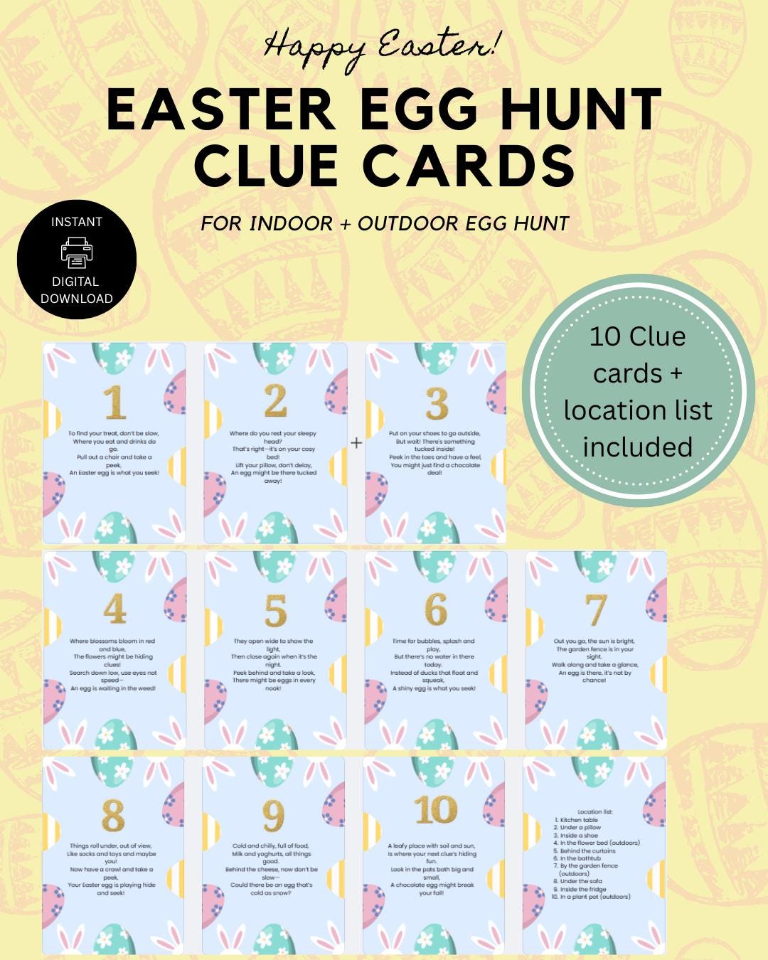 Easter Egg Hunt Clue Cards, Indoor + Outdoor, Instant Digital Download ...