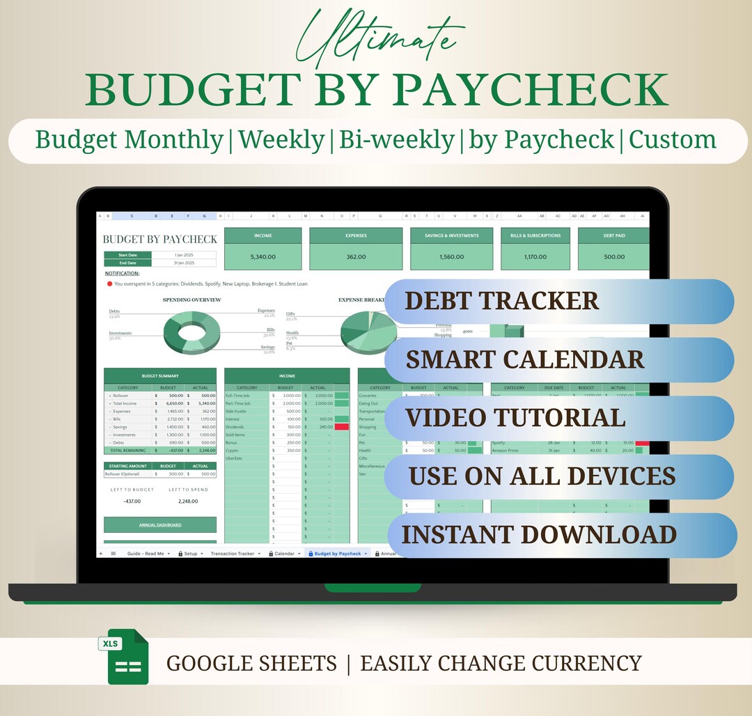 Budget Paycheck Spreadsheet, Budget Debt Expenses Planner, Finance ...