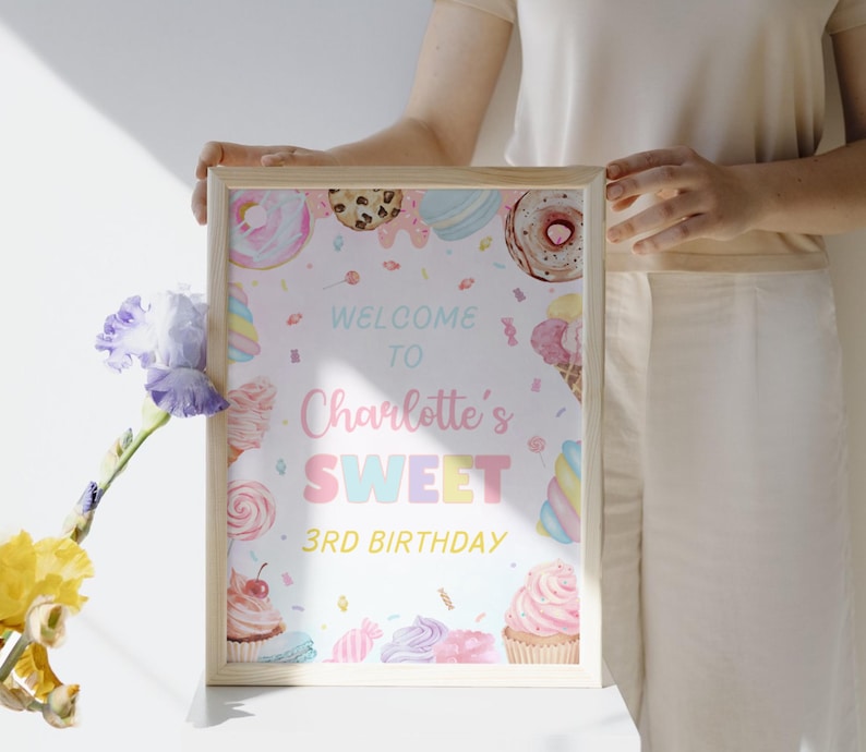 Editable Pastel Sweet One Girl Birthday Welcome Sign, Cupcake Donut ...