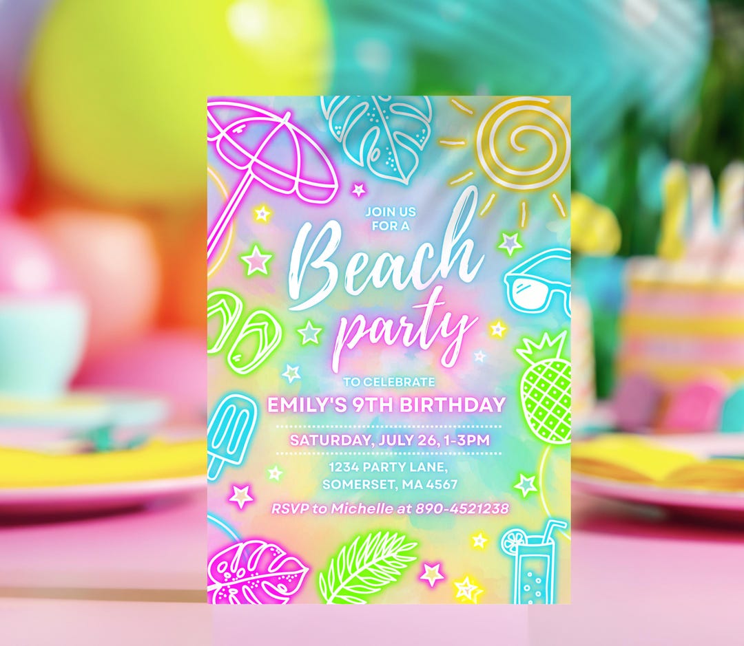 Editable Beach Birthday Party Invitation, Neon Tie Dye Summer Seaside ...